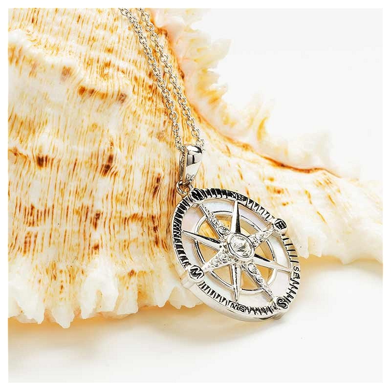 Sterling Silver Compass Necklace with White Crystals and Chain - OC611 ...