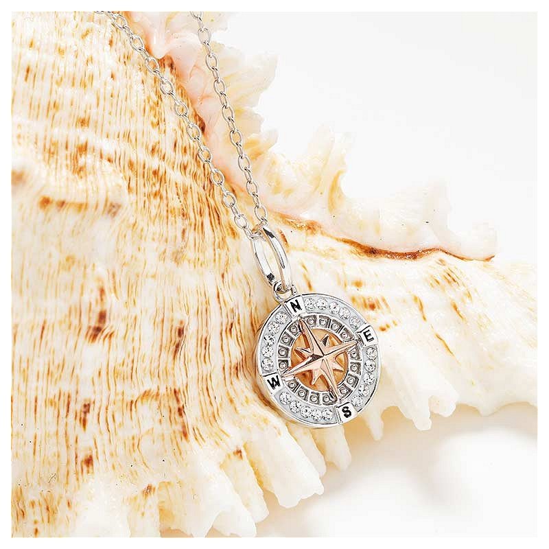 Sterling Silver Compass Necklace with White Crystals and Chain - OC647 ...