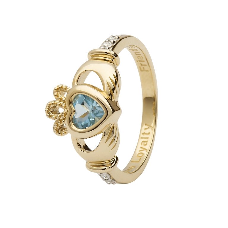 Gold Aquamarine Claddagh Ring SL-14L90– CladdaghRING.com